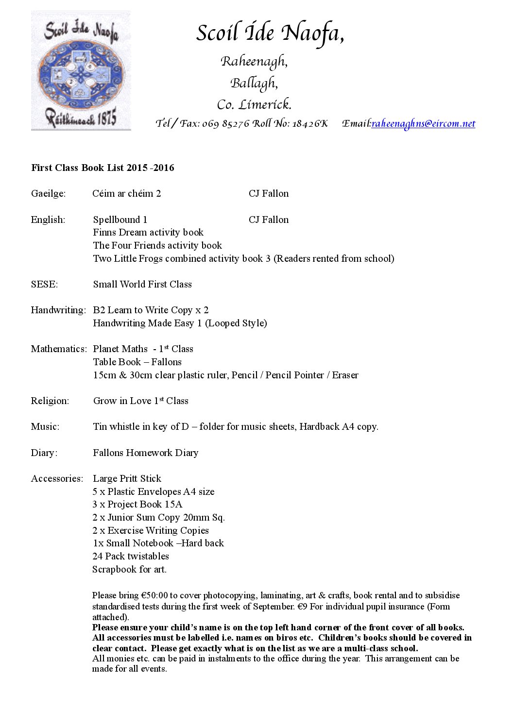 First Class Book List | Scoil Ide Naofa